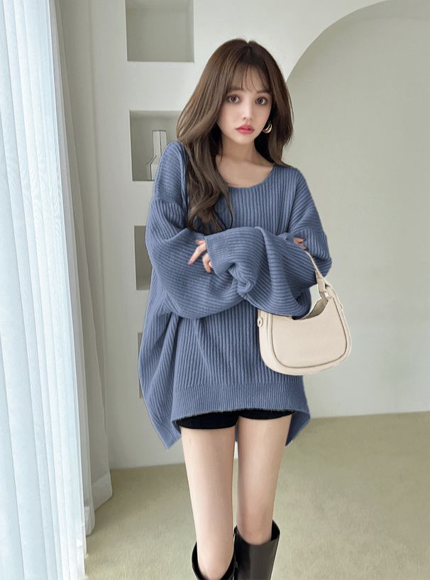 日本 GRL - 圓領羅紋修身針織上衣-灰藍 (F)｜媽咪愛