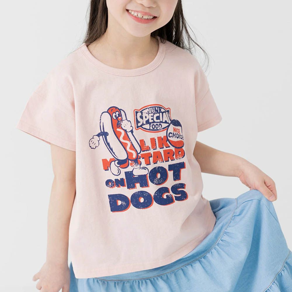 日本 Chil2 - 100%棉 定番印花短袖上衣-熱狗麵包-煙燻粉｜媽咪愛