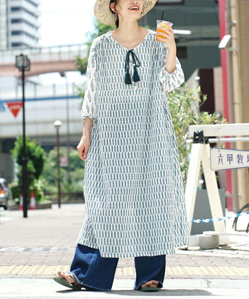 日本 zootie - 100%印度棉 歐風花朵綁帶洋裝-水藍｜媽咪愛