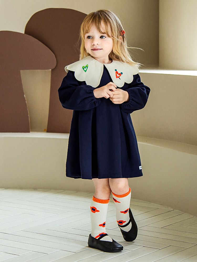 韓國Pimpollo - 愛心波浪翻領洋裝-深藍｜媽咪愛