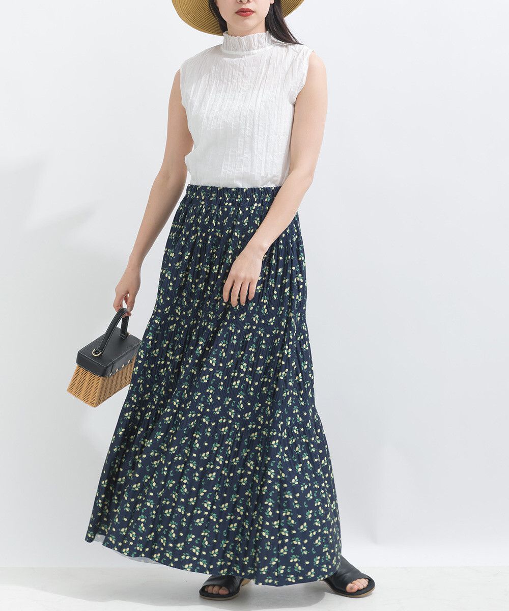 日本 Lupilien - 歐風圖騰搖曳細百摺長裙-海軍藍｜媽咪愛