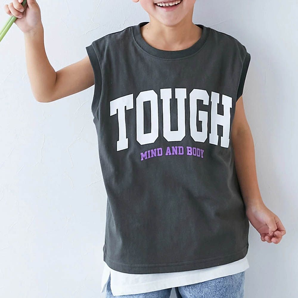 日本 devirock - 100%棉 定番印花寬版無袖上衣-TOUGH-灰黑｜媽咪愛