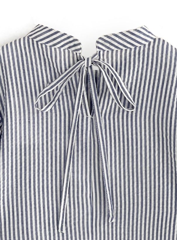 日本 GRL - 文藝感條紋後綁帶短袖上衣-淺藍 (F)｜媽咪愛