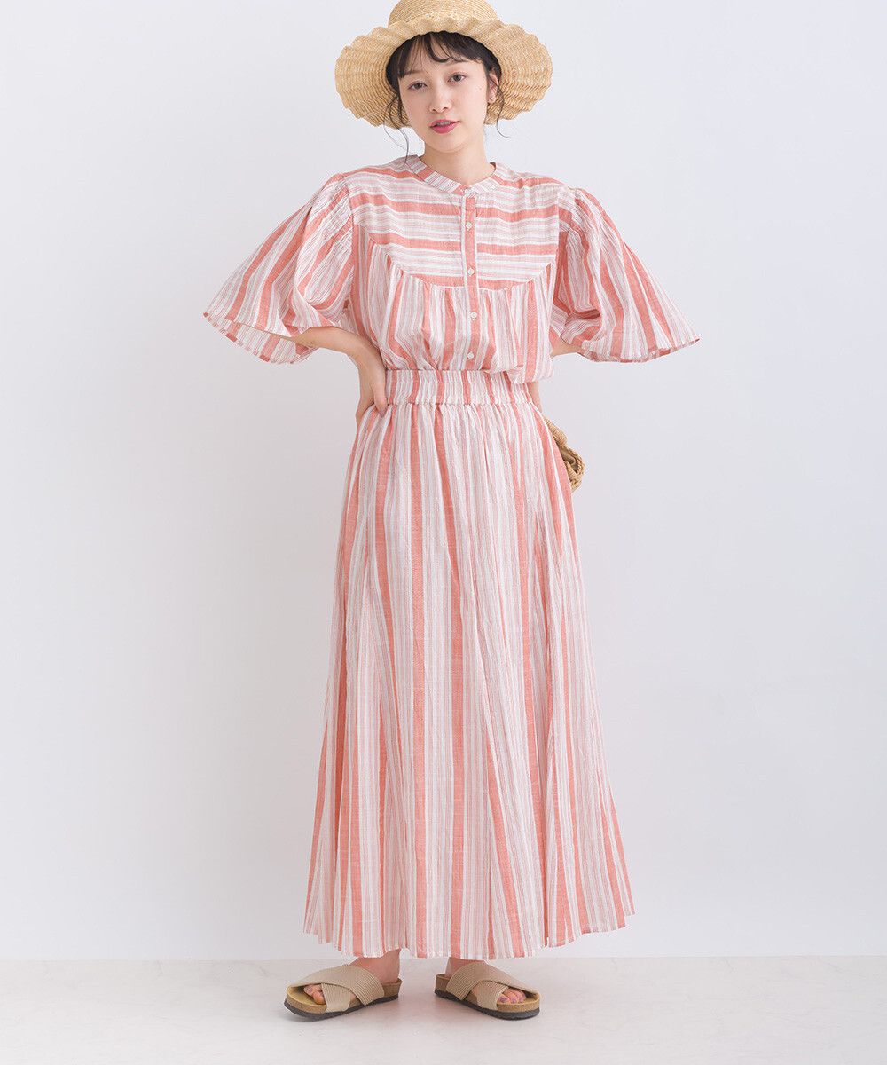 日本 Lupilien - 100%印度棉 自然紗線感長裙-粉紅條紋｜媽咪愛