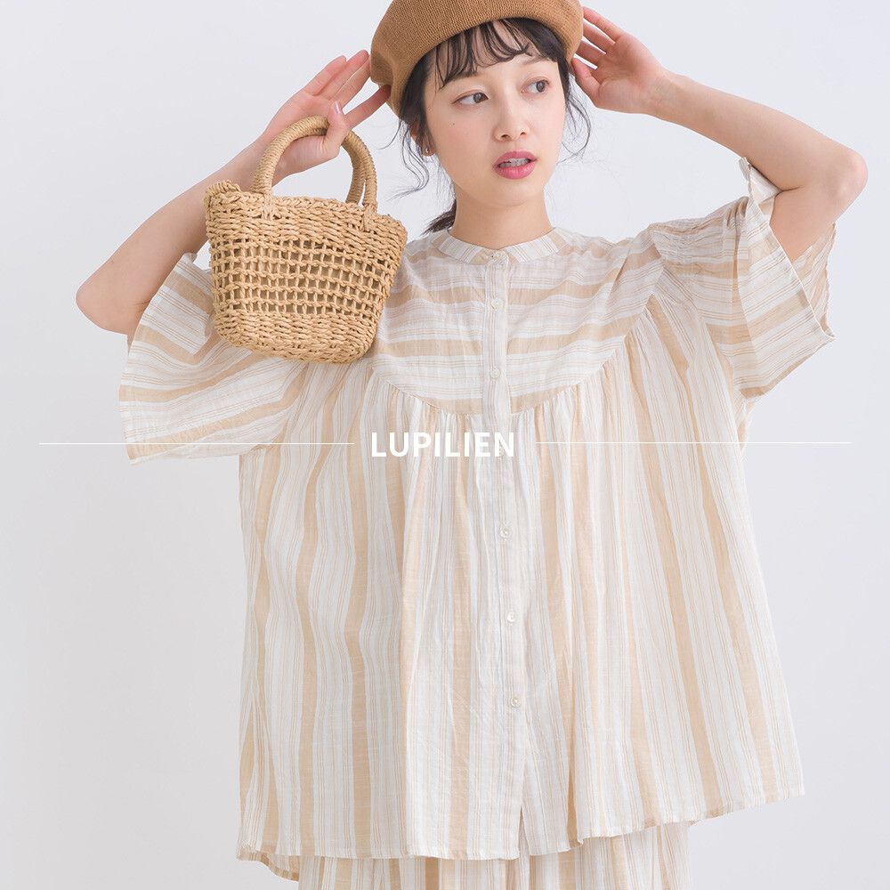 日本 Lupilien - 100%印度棉 自然紗線感短袖襯衫-藍色條紋｜媽咪愛
