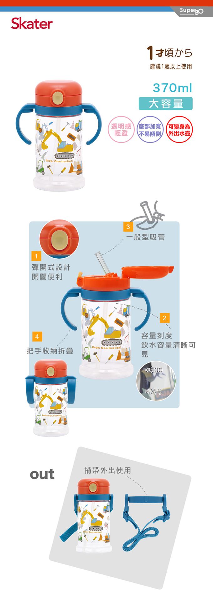 日本 SKATER - 寬底吸管杯(370ml)-工程車｜媽咪愛