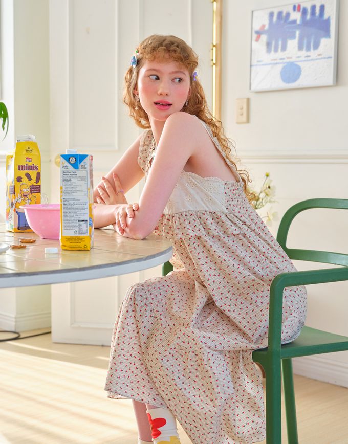 韓國 ULLALA - 格子鬱金香方領寬帶連身睡裙-奶油黃 (FREE)｜媽咪愛