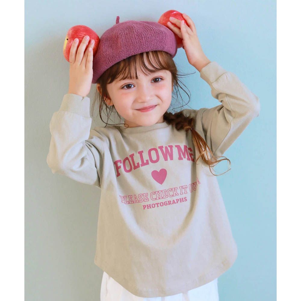 日本 devirock - 100%棉 女孩印花長袖上衣-Follow me-淺灰｜媽咪愛