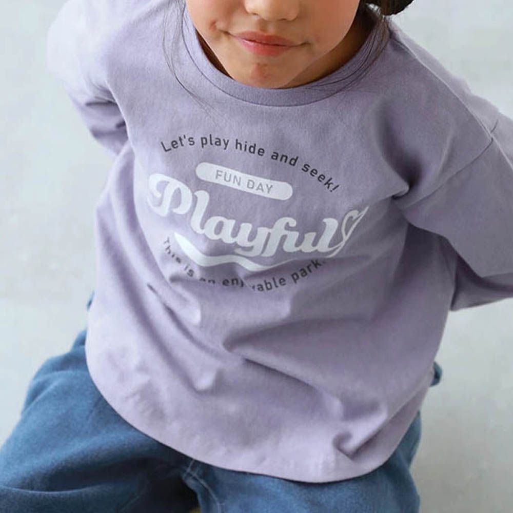 日本 devirock - 100%棉 女孩印花長袖上衣-Playful-淺紫｜媽咪愛