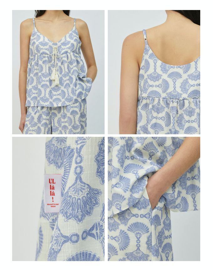 韓國 ULLALA - 扇形圖印V字細肩帶睡衣套裝-奶油白X藍 (FREE)｜媽咪愛