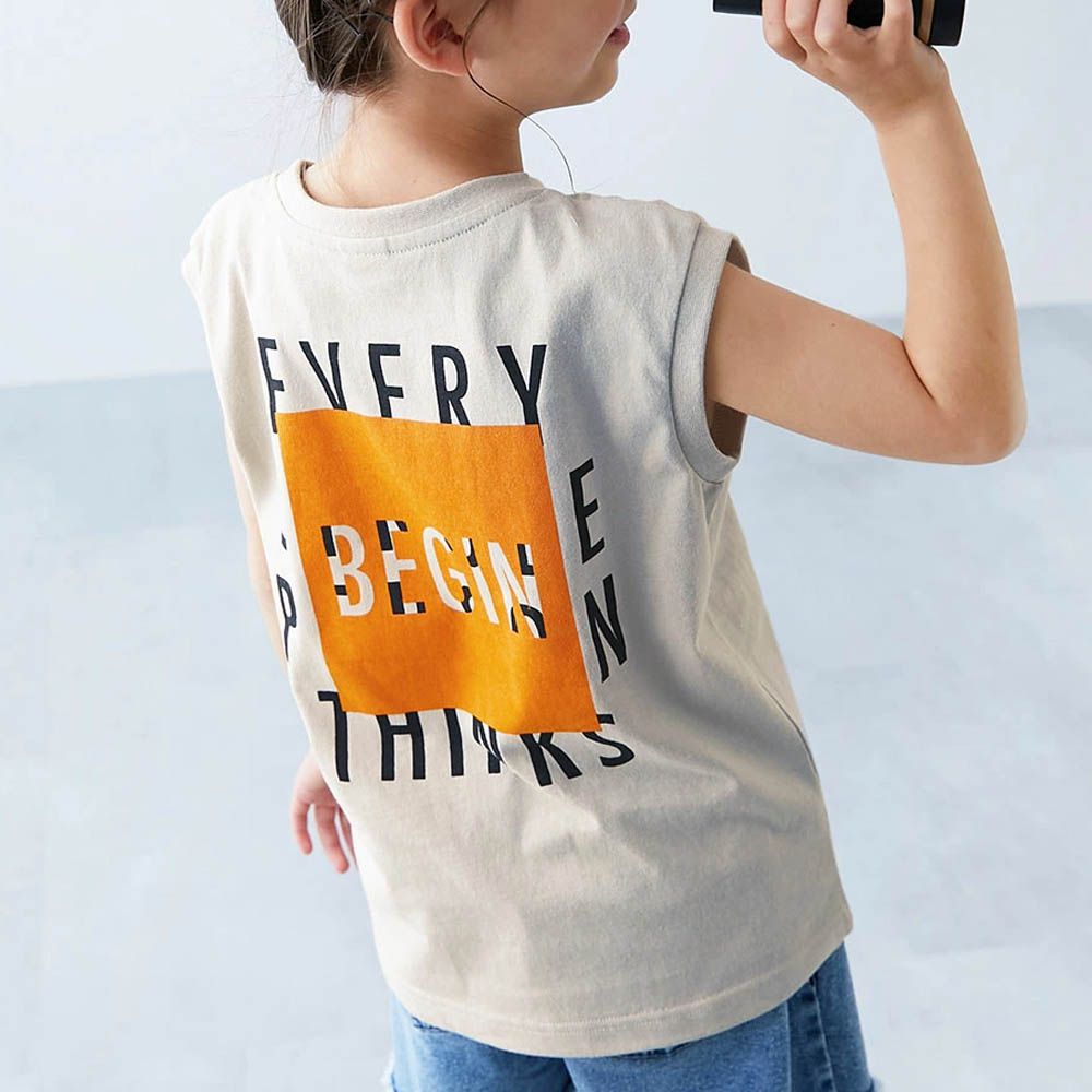 日本 devirock - 100%棉 定番印花寬版無袖上衣-背後正方形-灰杏｜媽咪愛