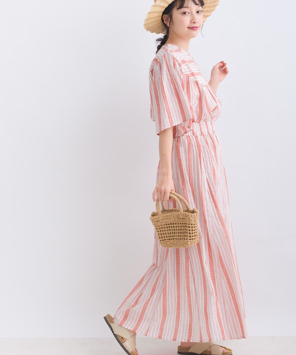日本 Lupilien - 100%印度棉 自然紗線感長裙-粉紅條紋｜媽咪愛
