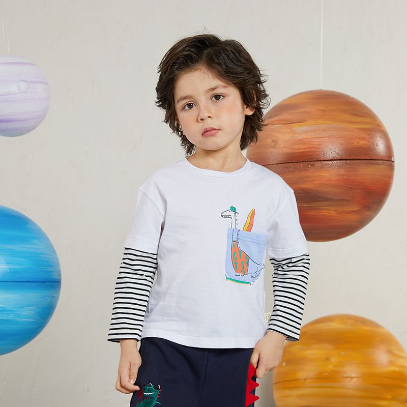 純棉假兩件圓領長袖上衣-口袋恐龍-橘色｜媽咪愛