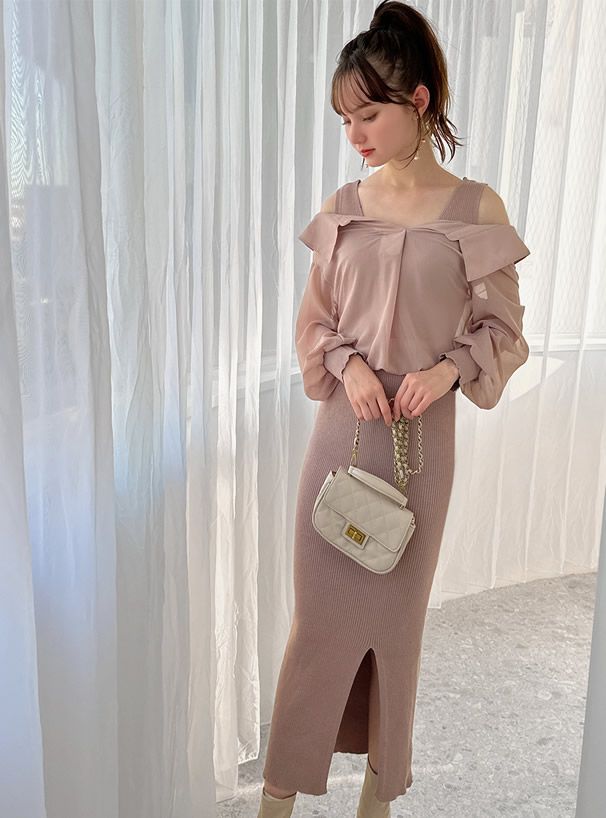 日本 GRL - 夢幻時光微透膚針織洋裝-兩件式-摩卡｜媽咪愛