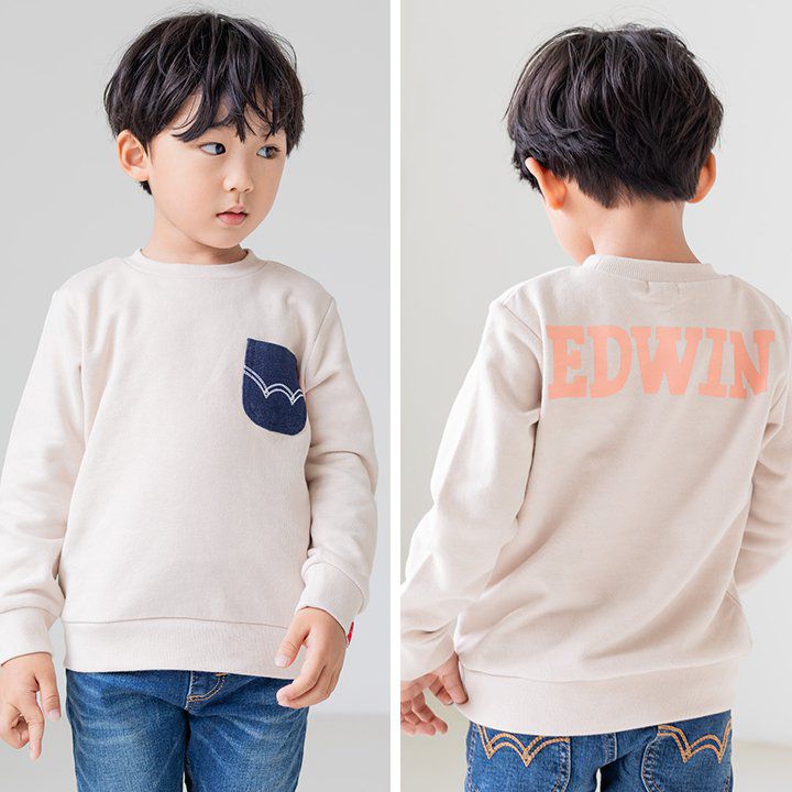 日本 Chil2 - EDWIN聯名 刺繡印花長袖上衣-口袋-橘紅｜媽咪愛