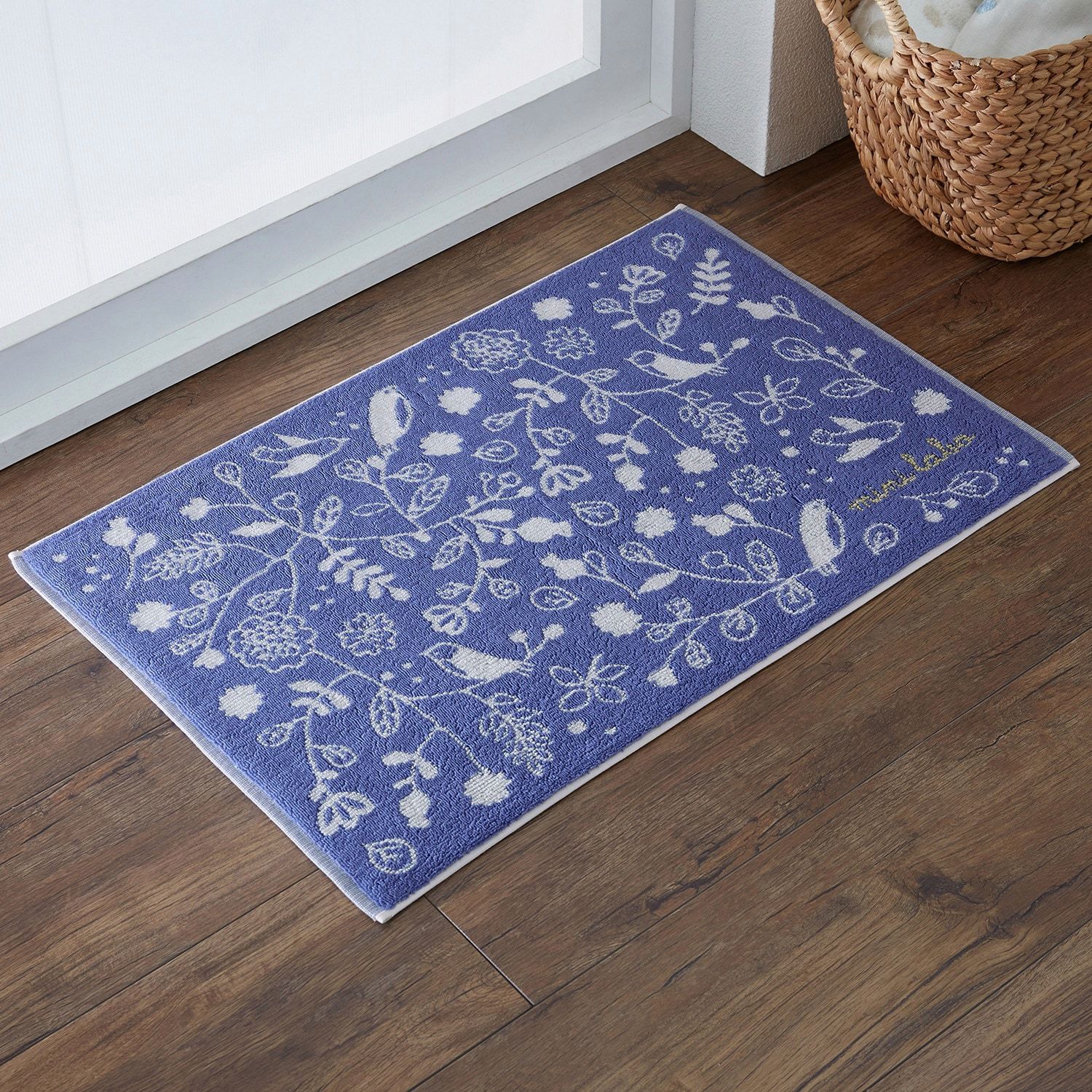 日本千趣會 - mini labo 純棉吸水腳踏墊2入組(浴室)-農場花草-粉紅x藍綠 (45x70cm)｜媽咪愛