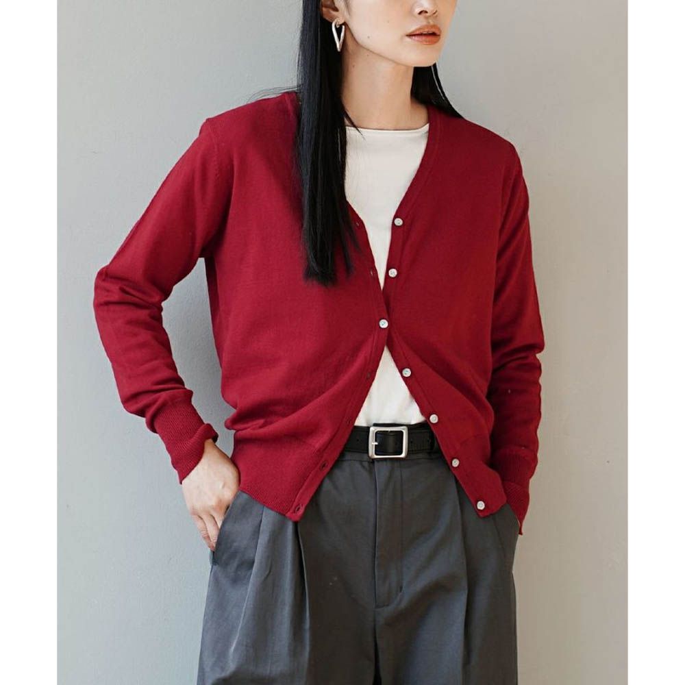 日本 zootie - 100%棉 簡約V領薄針織外套-豔紅｜媽咪愛