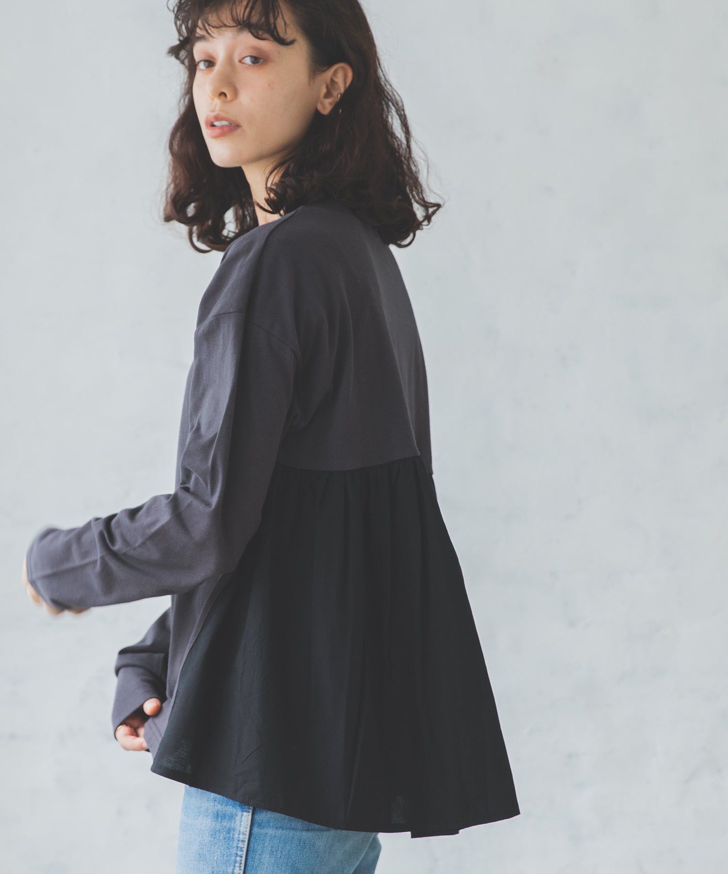 日本 PAIRMANON - 甜美荷葉擺拼接長袖上衣-大人-薰衣草 (FREE)｜媽咪愛