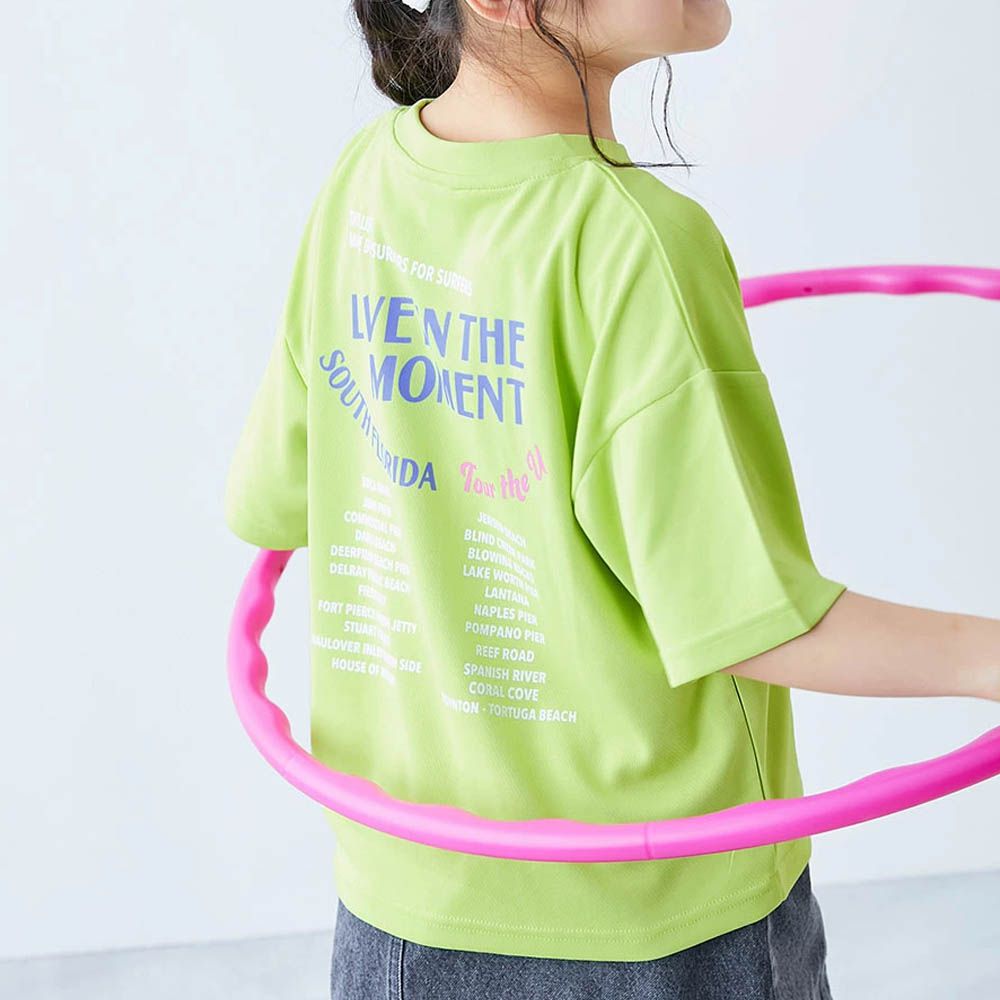 日本 devirock - 速乾網眼 女孩印花短袖上衣-背後英文logo-亮綠｜媽咪愛