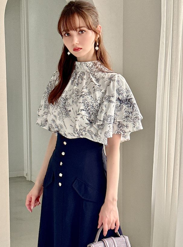 日本 GRL - 2WAY蝴蝶結碎花雪紡短袖上衣-藍x白 (F)｜媽咪愛