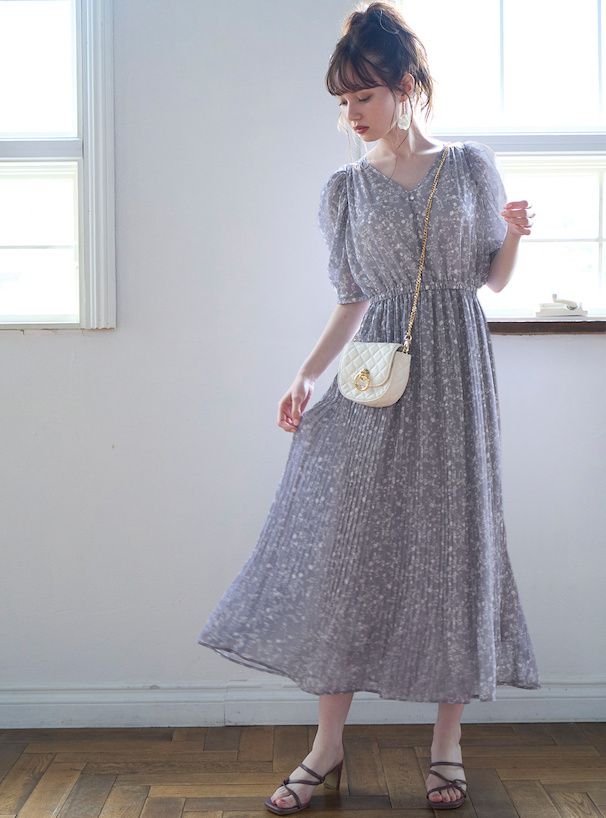 日本 GRL - 甜美V領收腰雪紡碎花洋裝-薰衣草｜媽咪愛