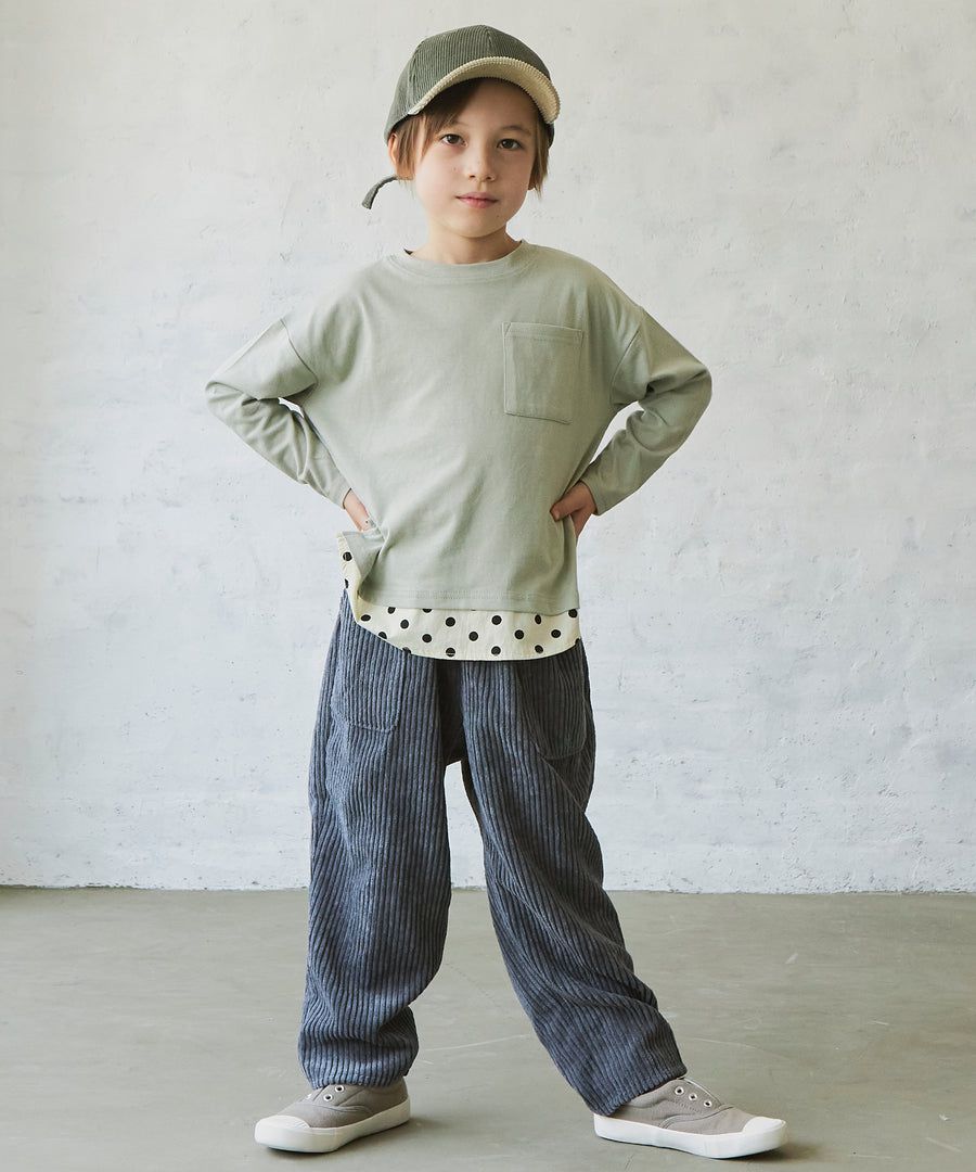 日本 PAIRMANON - 異材質拼接圓領長袖上衣-咖啡格紋-淺灰杏｜媽咪愛