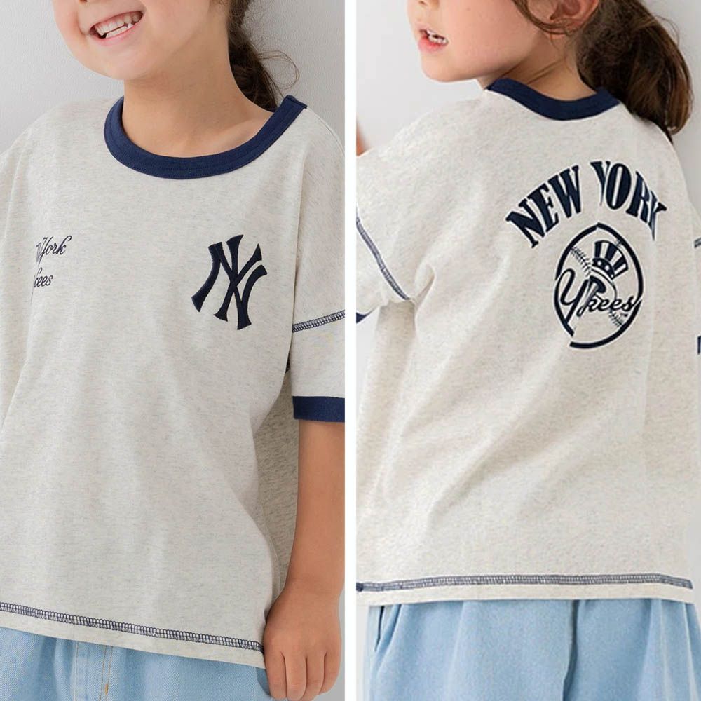 日本 Chil2 - MLB聯名 100%刺繡logo補丁短袖上衣-紐約洋基-燕麥灰｜媽咪愛
