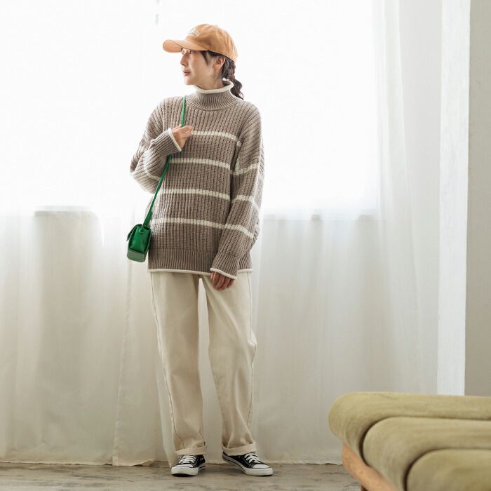 日本 ihuu - 率性線條高領厚針織長袖上衣-米白x黑條紋｜媽咪愛