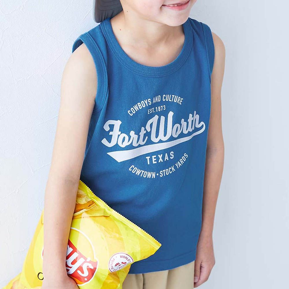 日本 devirock - 100%棉 定番印花無袖上衣-英文logo-寶藍｜媽咪愛