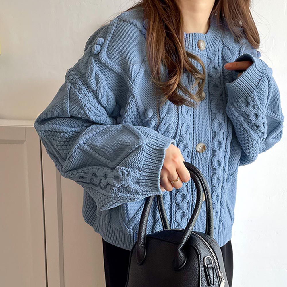 日本 Classical Elf - 2way前後穿可愛麻花開襟衫-藍｜媽咪愛