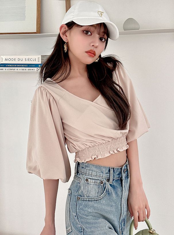 日本 GRL - 交叉V領澎澎袖短版上衣-白｜媽咪愛