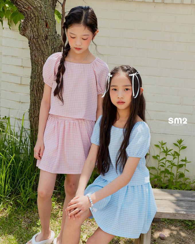 韓國 sm2 - 鬆緊腰格子壓紋內搭褲裙-天藍｜媽咪愛