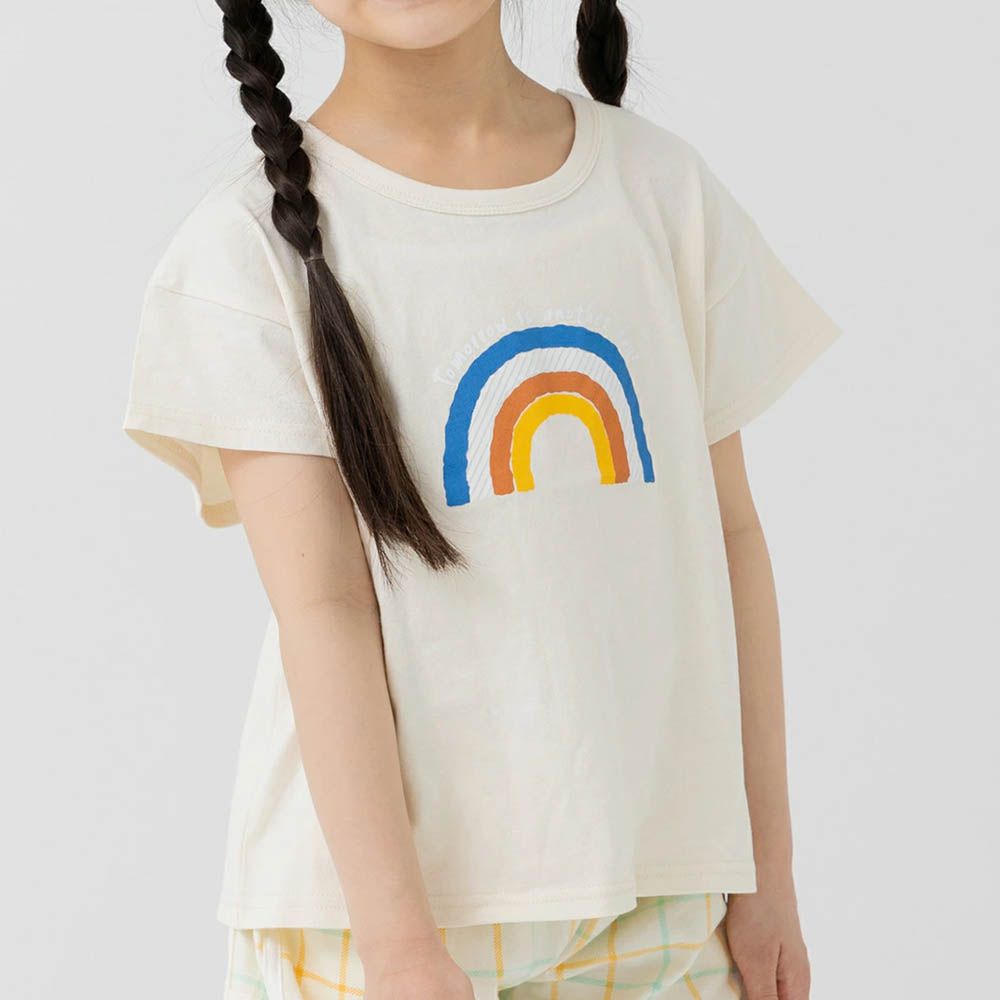 日本 Chil2 - 100%棉 印花柔軟短袖上衣-彩虹-奶油白｜媽咪愛