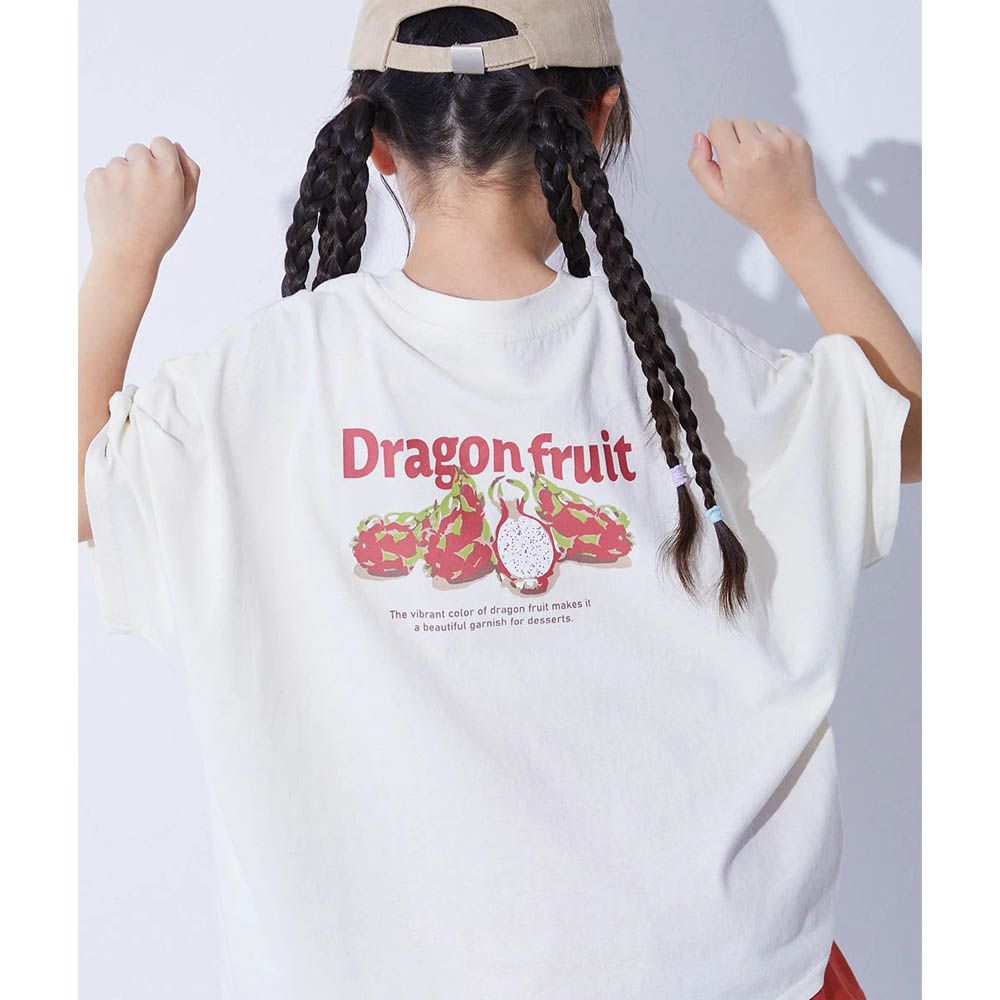 日本 devirock - 100%棉 定番廓型印花短袖上衣-背後火龍果-白｜媽咪愛