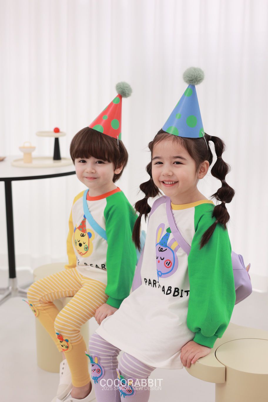 韓國 Coco rabbit - (附包包)派對熊熊撞色袖大學T-黃熊-黃X綠｜媽咪愛