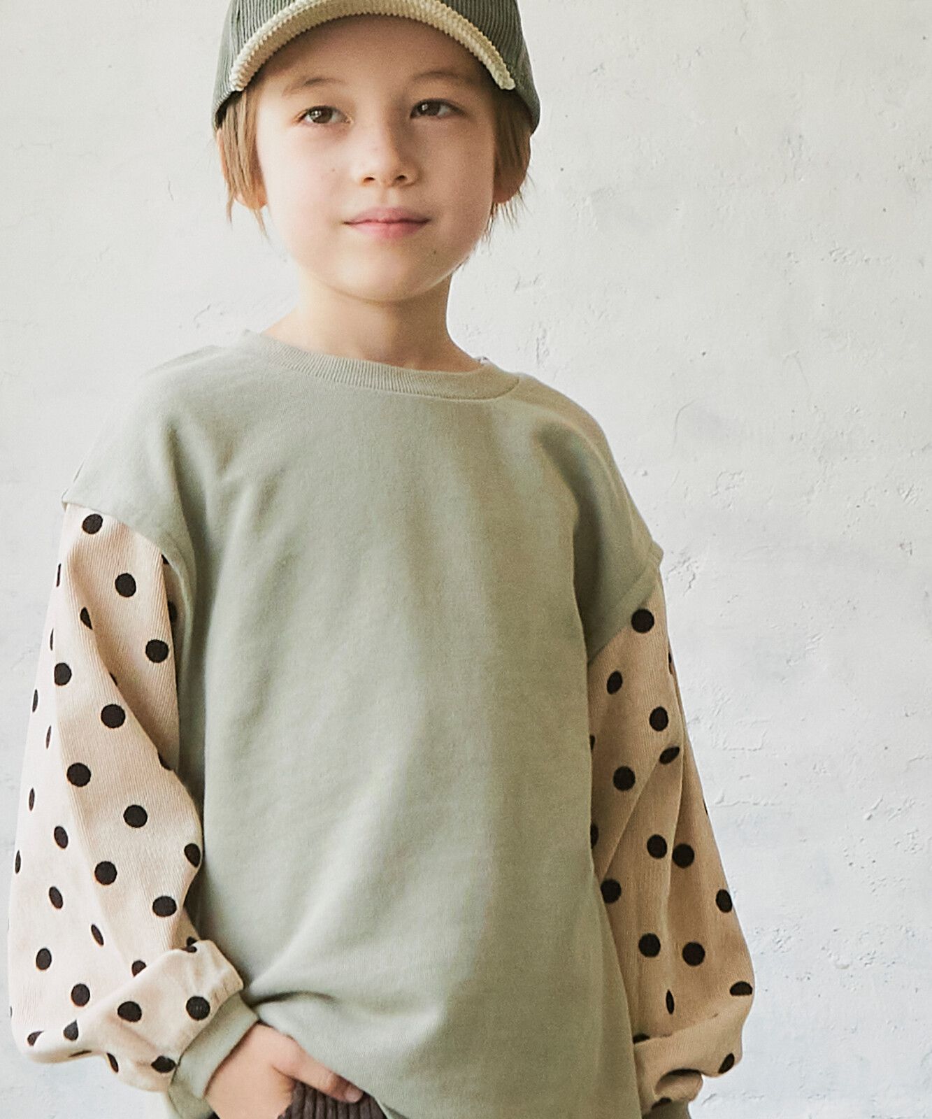 日本 PAIRMANON - 舒適圓領拼接長袖上衣-格紋拼接-灰藍｜媽咪愛