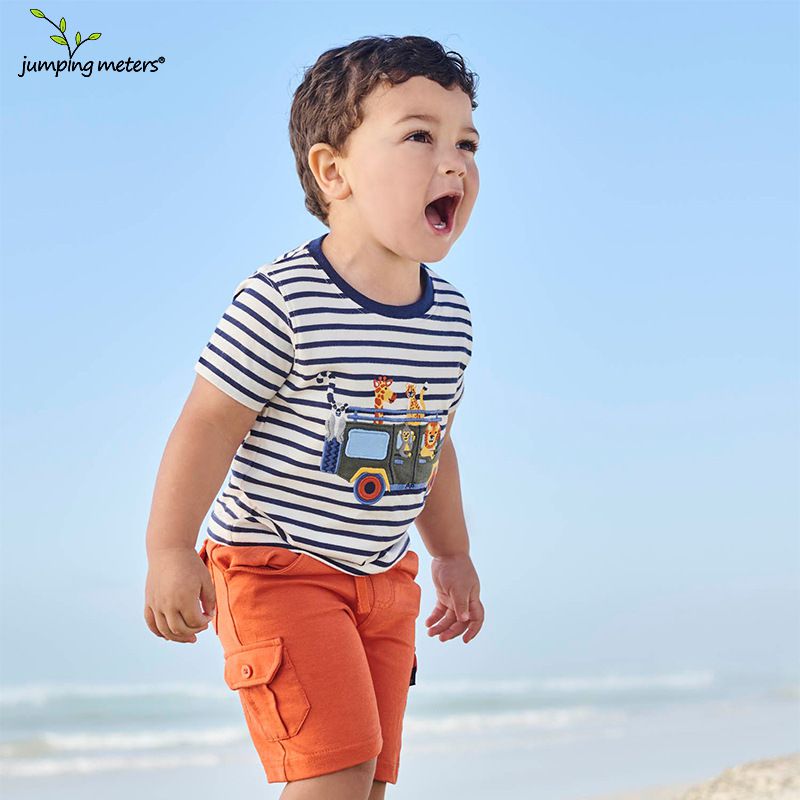 Jumping meters - 棉質圓領條紋短袖上衣-動物們出遊-白+黑｜媽咪愛