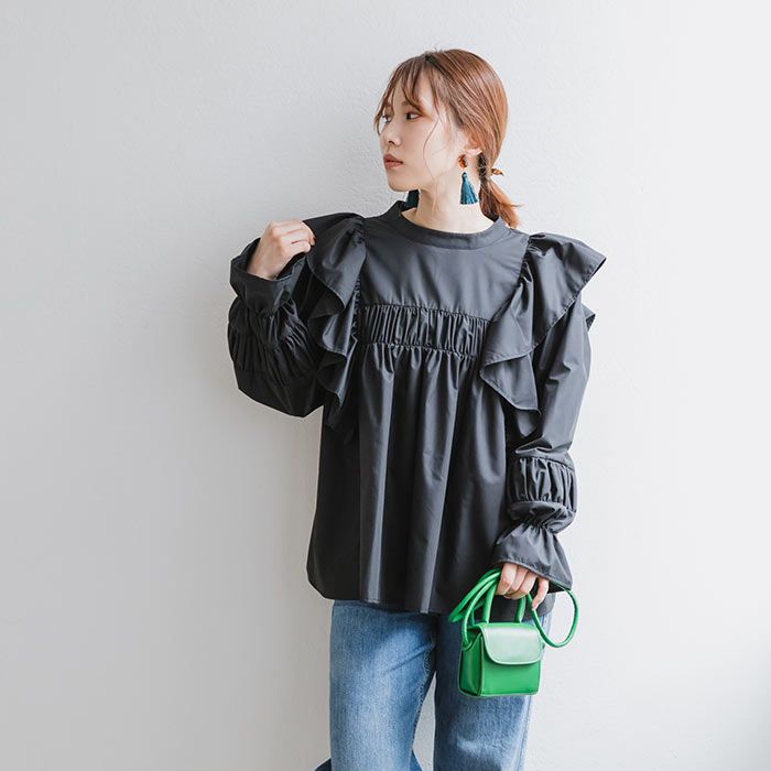 日本 ihuu - 細節滿分荷葉皺褶長袖上衣-淺軍綠｜媽咪愛