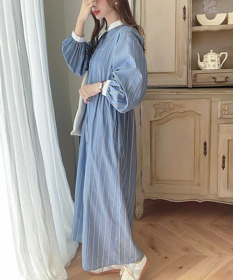 日本 Classical Elf - 修身立領泡泡袖襯衫洋裝-直條紋-檸檬黃｜媽咪愛