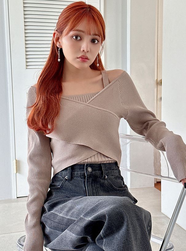 日本 GRL - 前交叉羅紋彈性上衣(附內搭)-米杏 (F)｜媽咪愛