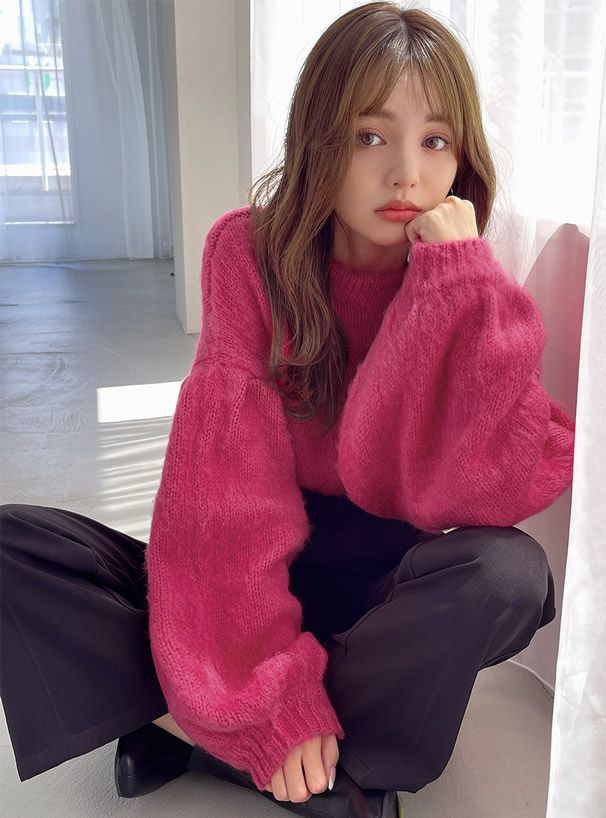 日本 GRL - 圓領短絨氣球袖毛衣-蜜桃粉 (F)｜媽咪愛