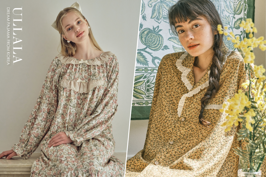 韓國 ULLALA - 高雅大方純棉長袖睡衣-(洋裝式)-奶油色 (FREE)｜媽咪愛