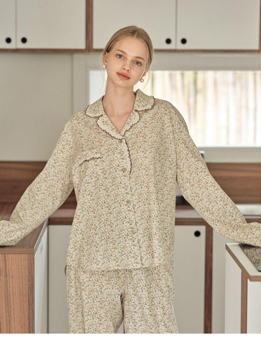 韓國 ULLALA - 復古美人純棉長袖睡衣-(兩件式)-奶油色 (FREE)｜媽咪愛