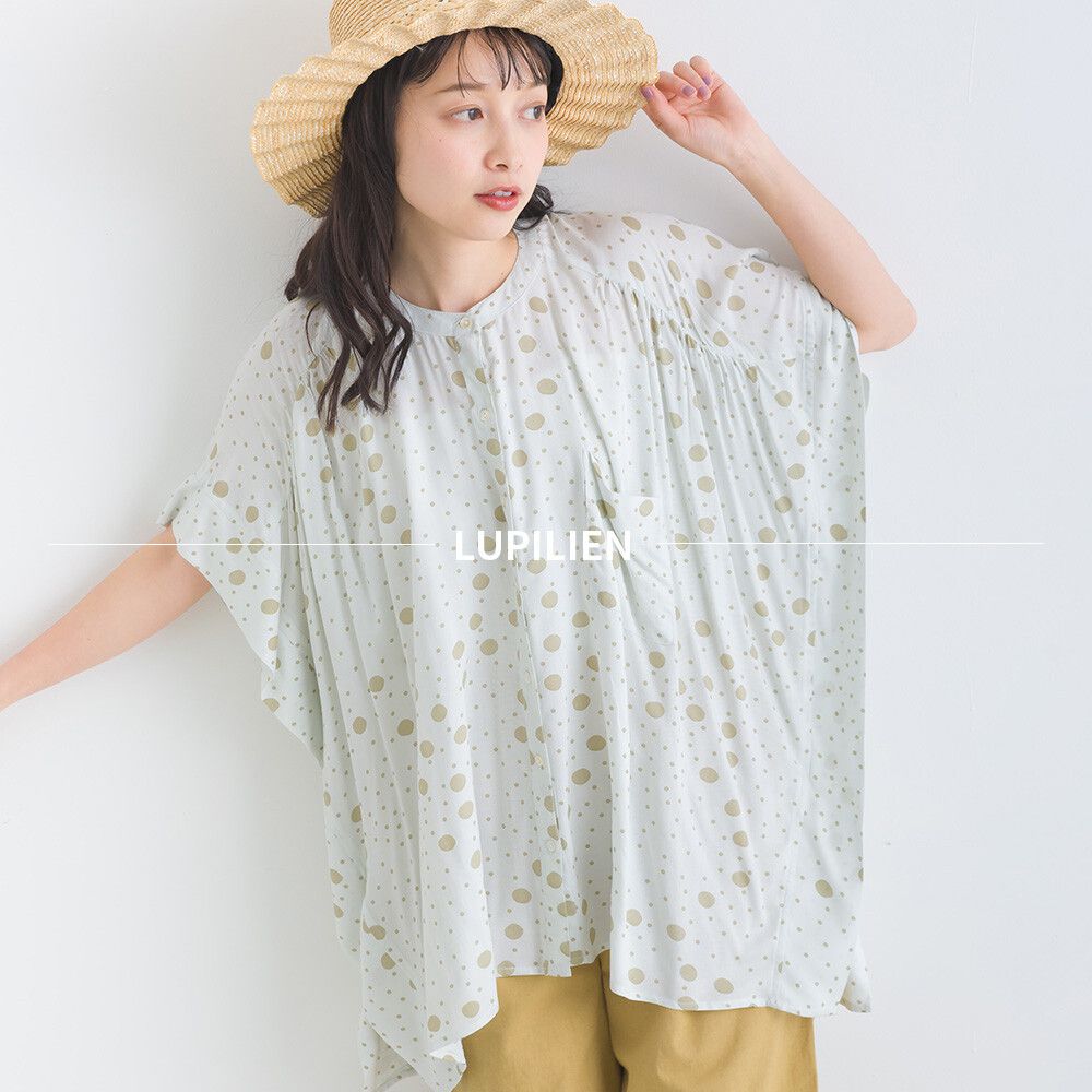 日本 Lupilien - 100%嫘縈 圓點印花大寬袖上衣-黑色｜媽咪愛