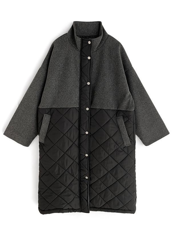 日本 GRL - 短絨拼接菱紋鋪棉長版大衣-咖啡 (F)｜媽咪愛