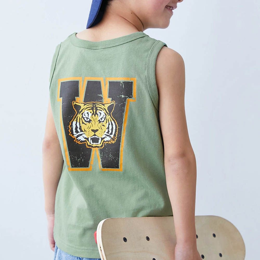 日本 devirock - 100%棉 定番印花無袖上衣-背後老虎-奶綠｜媽咪愛