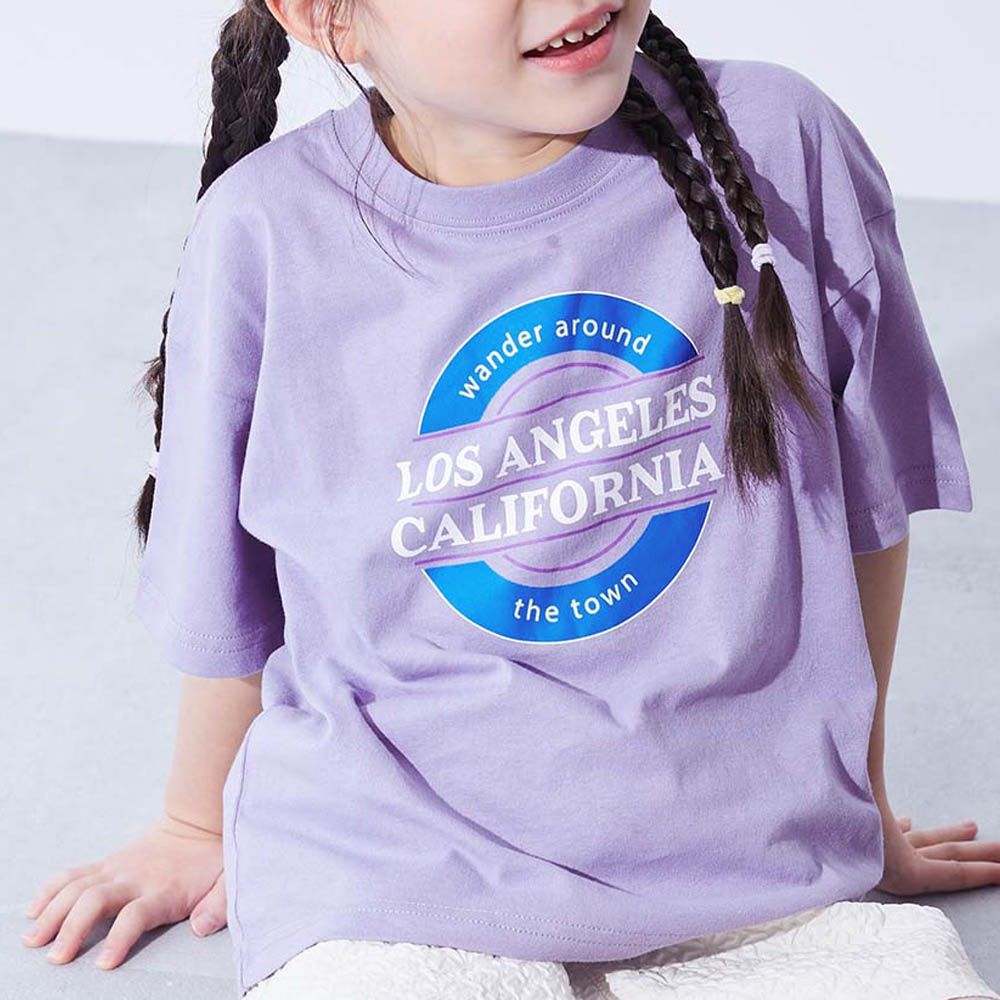 日本 devirock - 100%棉 定番可愛女孩印花短袖上衣-圓形logo-淺紫｜媽咪愛