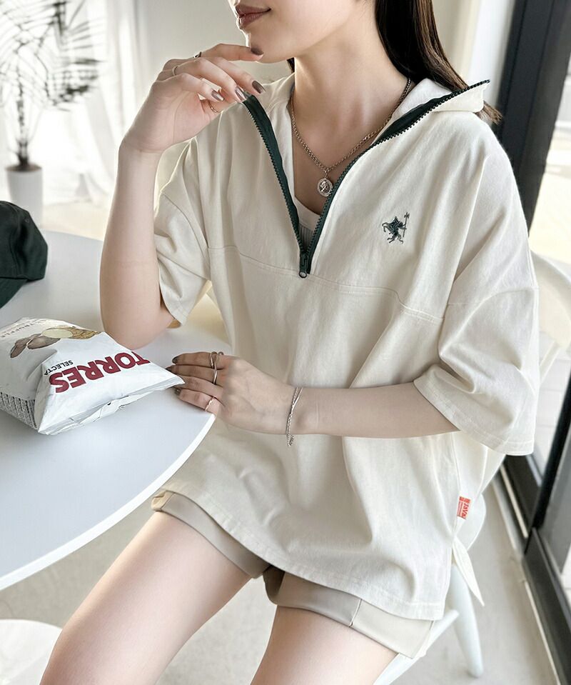 日本 Classical Elf - 100%天竺棉 POLO刺繡拉鍊短袖上衣-暖橘｜媽咪愛