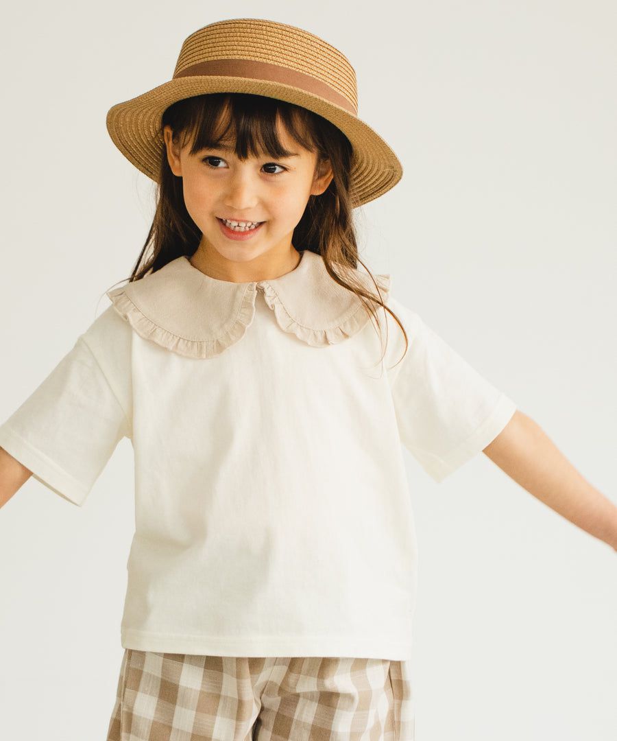 日本 PAIRMANON - 100%柔棉 拼接短T-圓弧荷葉領-灰杏｜媽咪愛