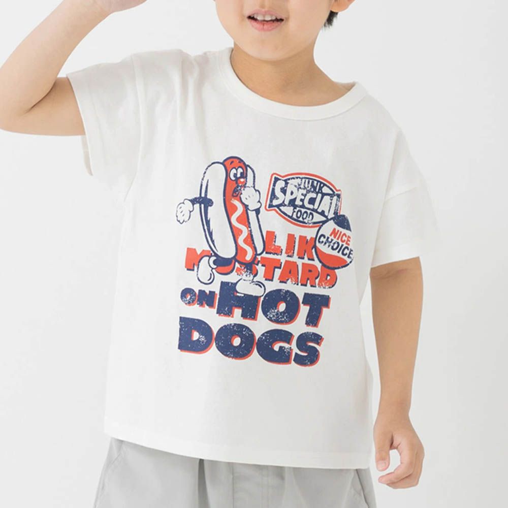 日本 Chil2 - 100%棉 定番印花短袖上衣-熱狗麵包-白｜媽咪愛